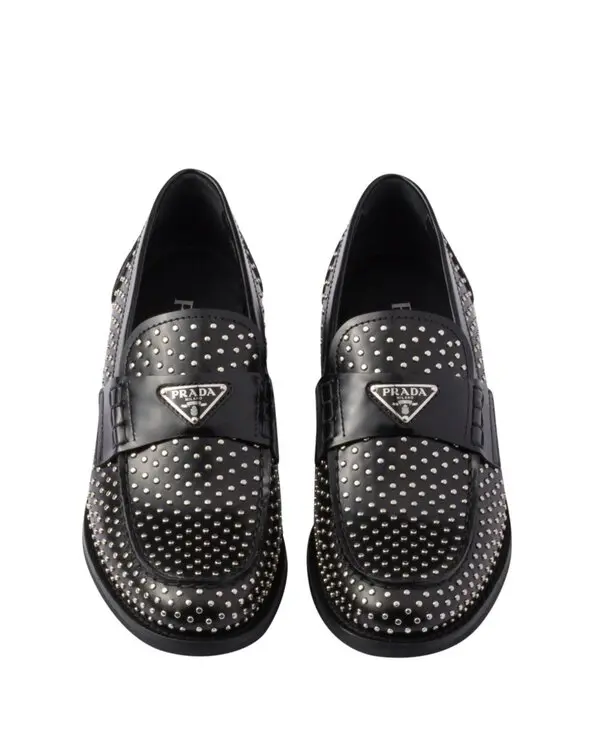 Prada Studded Brushed Leather Loafers