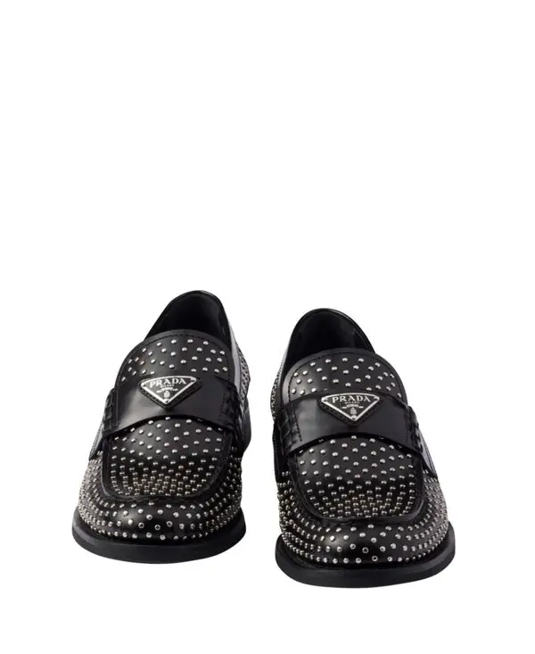 Prada Studded Brushed Leather Loafers