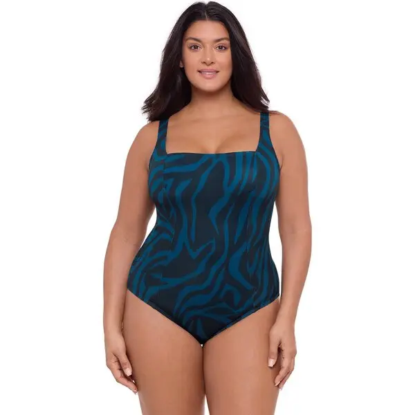 S3 Square Neck Lace-up Back One Piece Swimsuit - Dusk Blue Wild Stripes