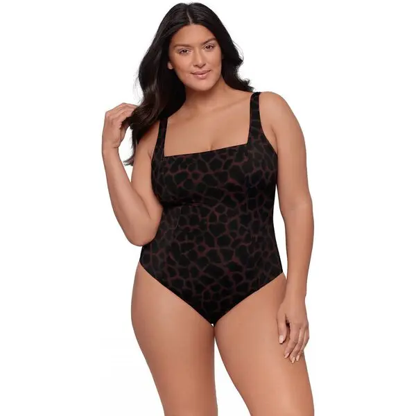 S3 APPAREL Square Neck Lace-up Back One Piece Swimsuit - Giraffe Sangria