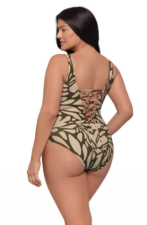 S3 APPAREL Square Neck Lace-up Back One Piece Swimsuit - Modern Foliage Eucalyptus