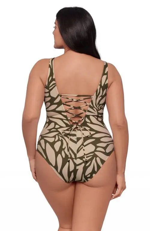S3 APPAREL Square Neck Lace-up Back One Piece Swimsuit - Modern Foliage Eucalyptus