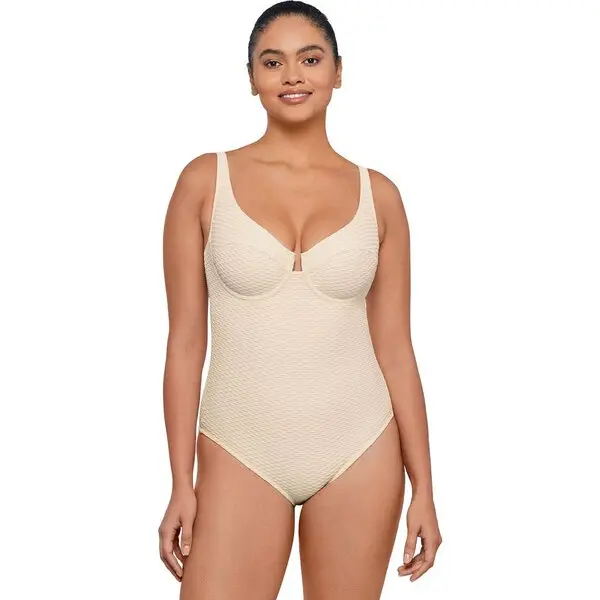 S3 APPAREL Smoothing And Sculpting Grid Textured Underwire One-piece Swimsuit - Pearl