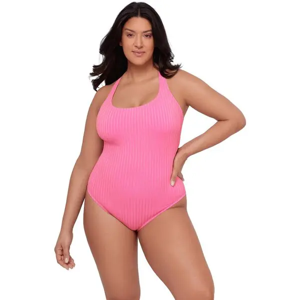 S3 Ribbed Scoopneck Crossback One Piece Swimsuit - Hot Orchid
