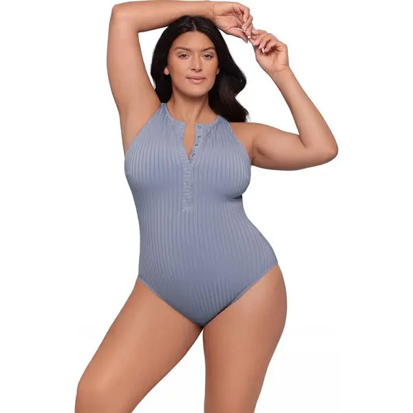 S3 APPAREL Ribbed High-neck Snap-front One-piece Swimsuit - Iris