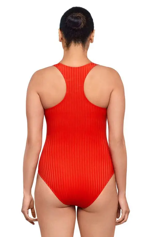 S3 APPAREL Ribbed High Neck Snap Front One Piece Swimsuit - Scarlet