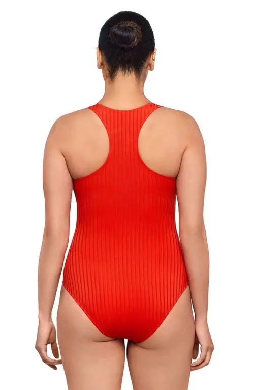 S3 APPAREL Ribbed High-neck Snap-front One-piece Swimsuit - Scarlet