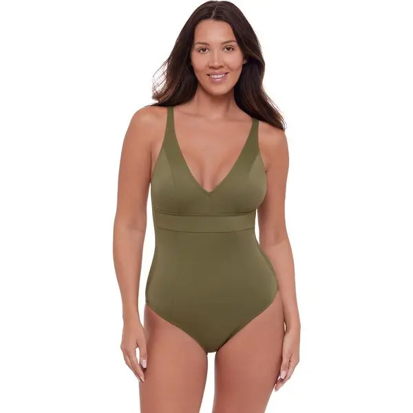 S3 APPAREL Supportive And Sculpting Banded Plunge V-neck One-piece Swimsuit - Eucalyptus