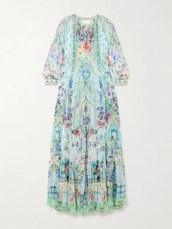 Camilla Embellished Tiered Printed Silk-crepon Maxi Dress - Blue