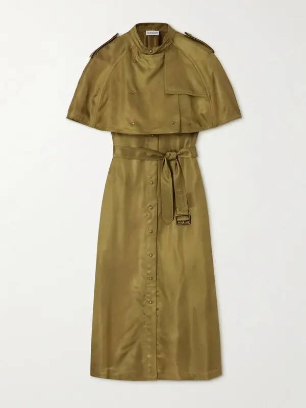 Burberry Layered Belted Satin-twill Midi Dress - Green