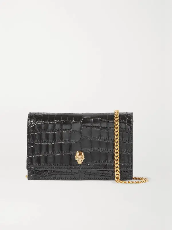 Alexander McQueen Skull Small Embellished Croc-effect Patent-leather Shoulder Bag