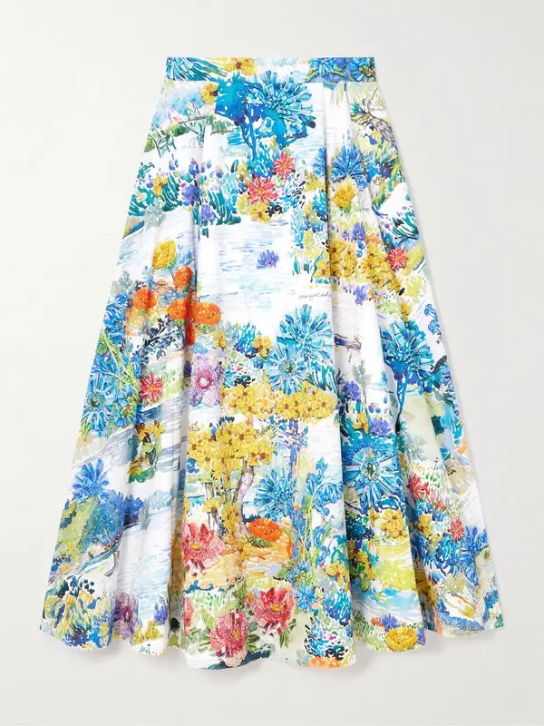 MARY KATRANTZOU Cadiot Floral-print Cotton-poplin Midi Skirt - Blue