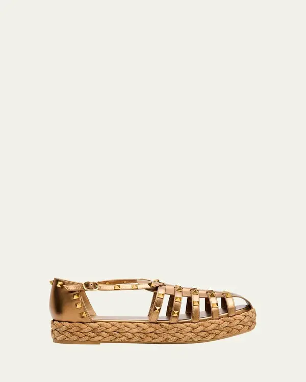 Valentino Garavani Rockstud Metallic Espadrille Fisherman Sandals - Vintage Gold/naturale