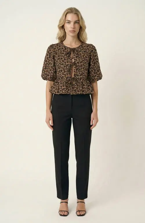 MODENAIRE Peplum Top With Tie Closures And Puff Sleeves
