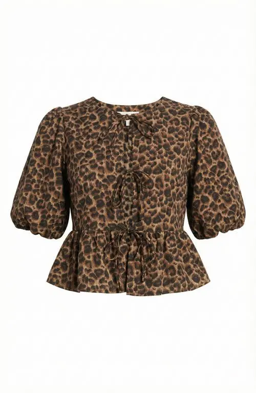 MODENAIRE Peplum Top With Tie Closures And Puff Sleeves