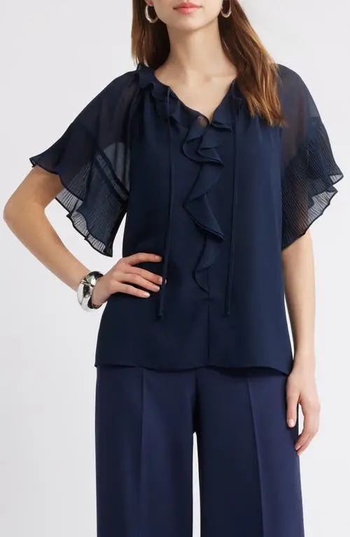 Kobi Halperin Ruffle Flutter Sleeve Chiffon Top - Navy