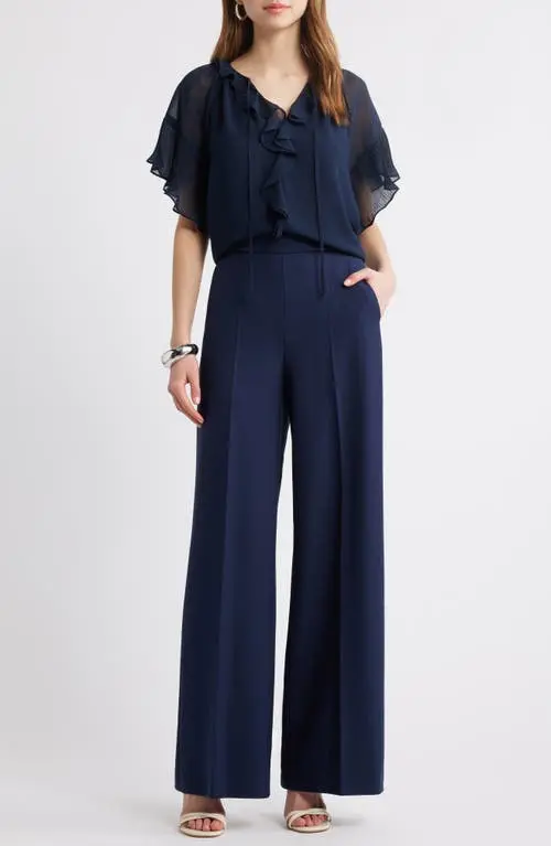 Kobi Halperin Ruffle Flutter Sleeve Chiffon Top - Navy