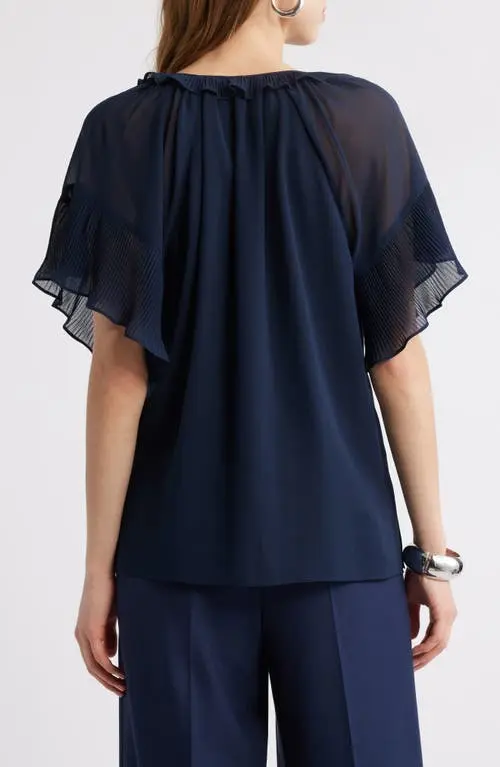 Kobi Halperin Ruffle Flutter Sleeve Chiffon Top - Navy