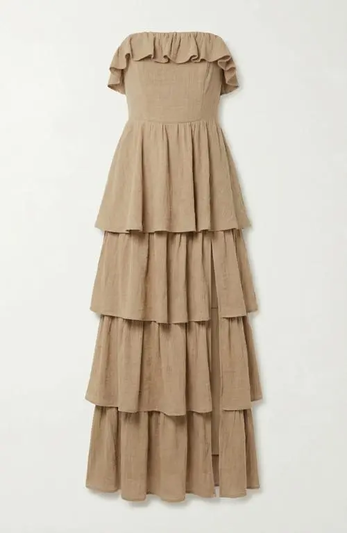 MODENAIRE Strapless Tiered Ruffle Maxi Dress - Beige