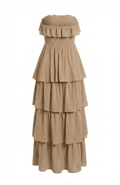 MODENAIRE Strapless Tiered Ruffle Maxi Dress - Beige