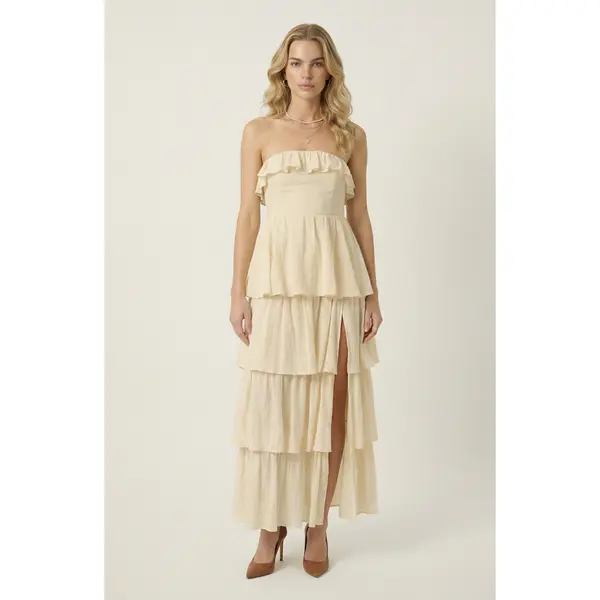 MODENAIRE Strapless Tiered Ruffle Maxi Dress - Cream