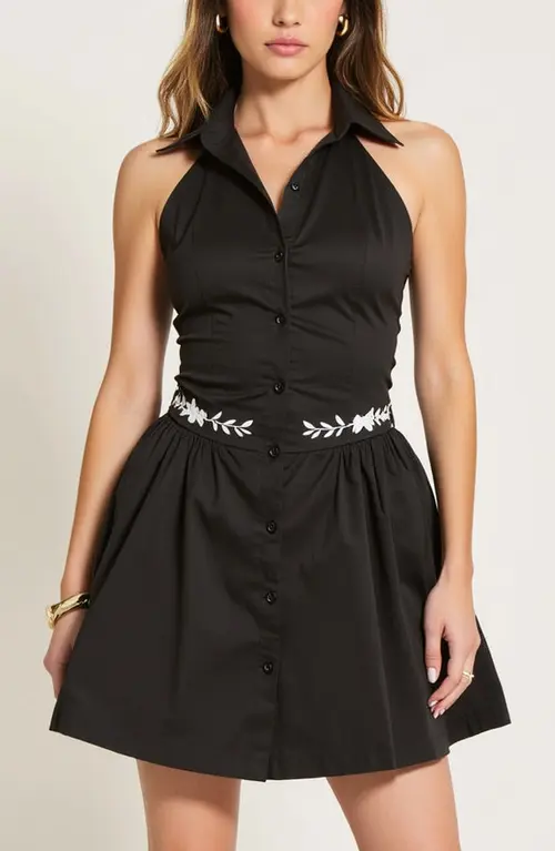 MODENAIRE Embroidered Waist Halter Mini Dress - Black