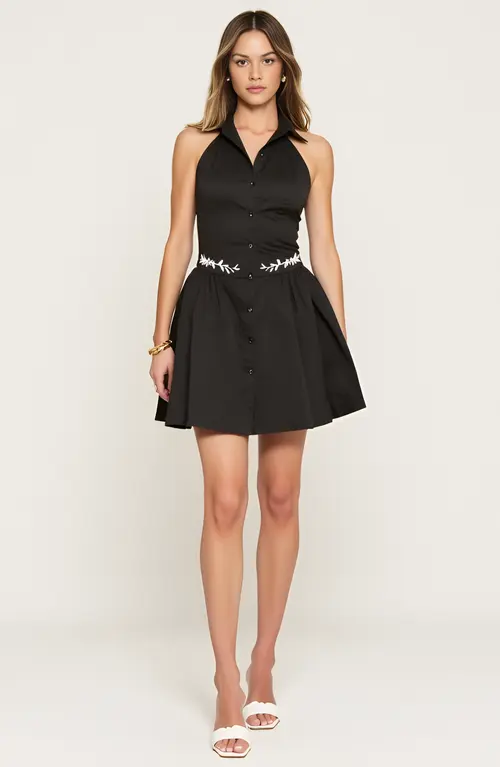 MODENAIRE Embroidered Waist Halter Mini Dress - Black