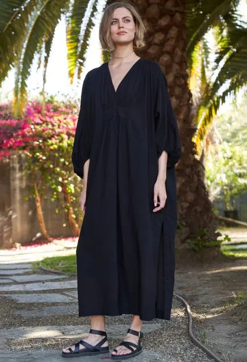 OCEAN+MAIN Rouched Shoulder Maxi Caftan - Black