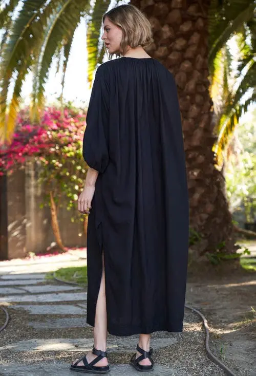 OCEAN+MAIN Rouched Shoulder Maxi Caftan - Black