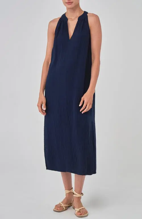 OCEAN+MAIN Sleeveless Gauze Midi Dress With Pockets - Navy