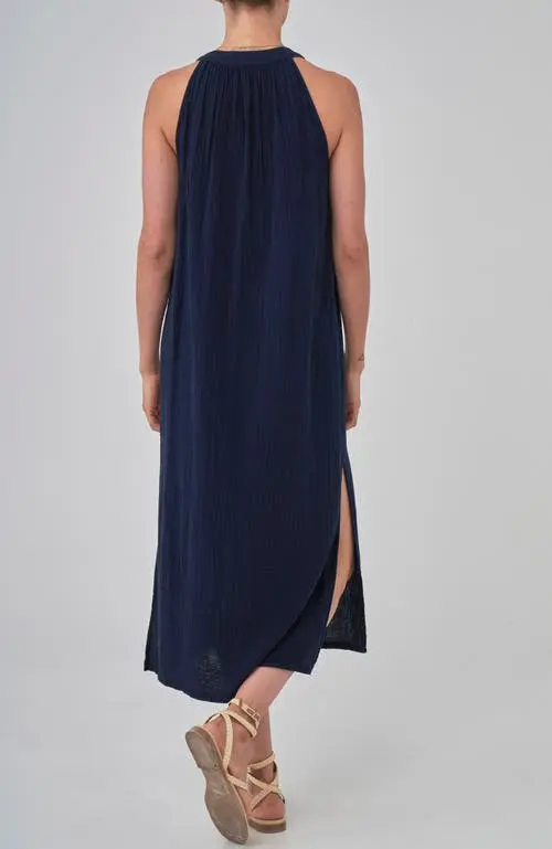 OCEAN+MAIN Sleeveless Gauze Midi Dress With Pockets - Navy