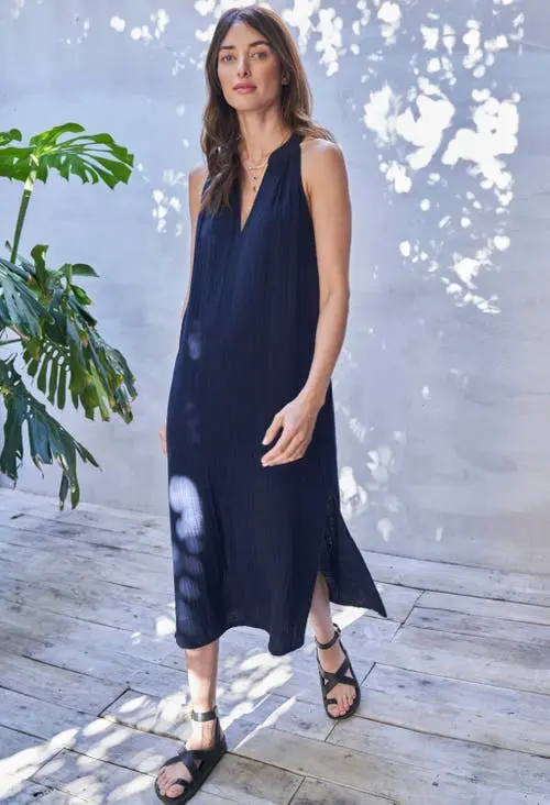 OCEAN+MAIN Sleeveless Gauze Midi Dress With Pockets - Navy