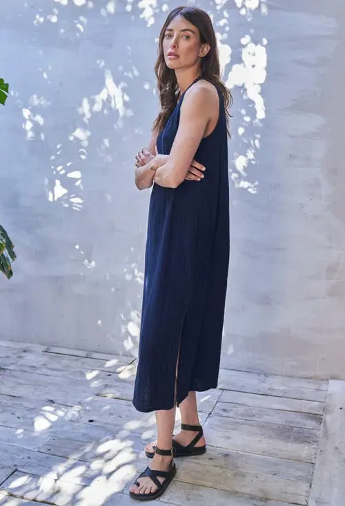 OCEAN+MAIN Sleeveless Gauze Midi Dress With Pockets - Navy