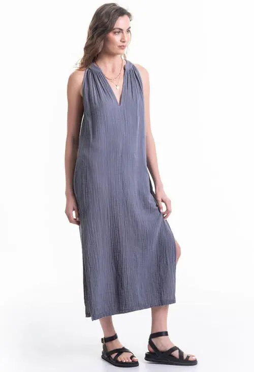 OCEAN+MAIN Sleeveless Gauze Midi Dress With Pockets - Petrol