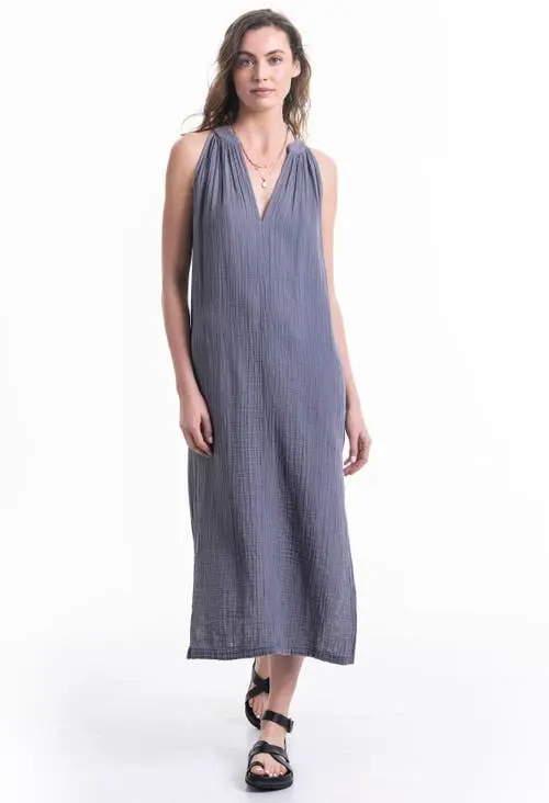 OCEAN+MAIN Sleeveless Gauze Midi Dress With Pockets - Petrol