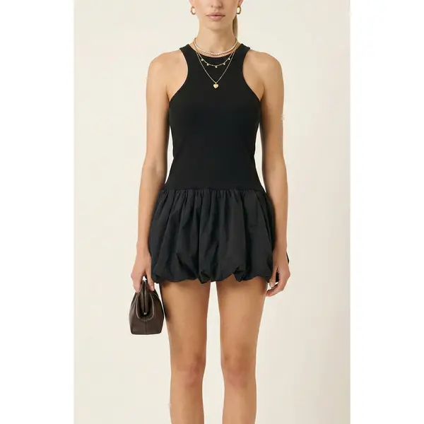 MODENAIRE Mixed Media Mini Dress With Bubble Hem - Black
