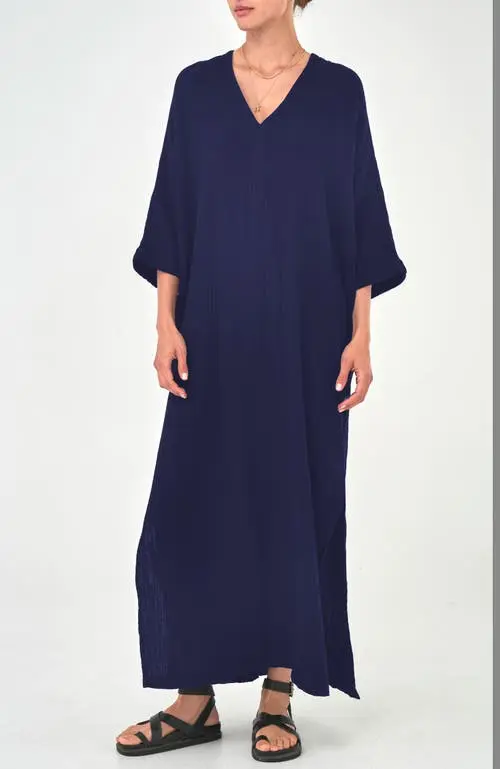 OCEAN+MAIN Gauze Arc Seam Caftan - Navy