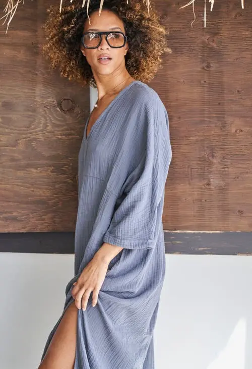 OCEAN+MAIN Gauze Arc Seam Caftan - Petrol