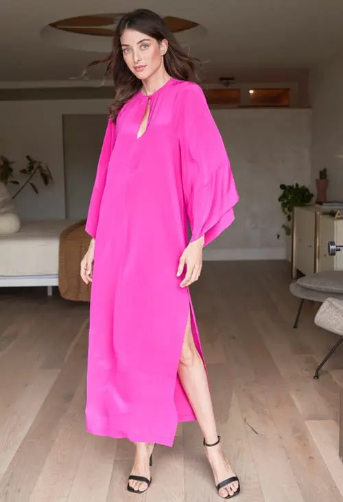 OCEAN+MAIN Wide Sleeve Silk Tunic Dress - Fuchsia