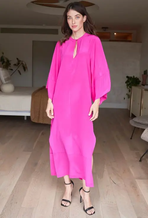 OCEAN+MAIN Wide Sleeve Silk Tunic Dress - Fuchsia