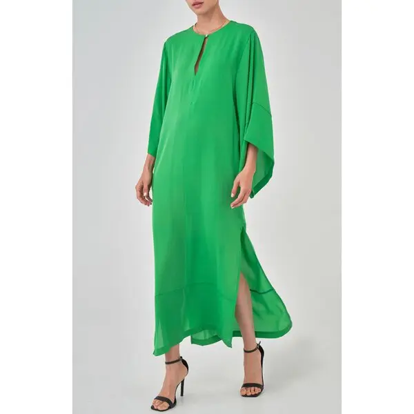 OCEAN+MAIN Wide Sleeve Silk Tunic Dress - Green