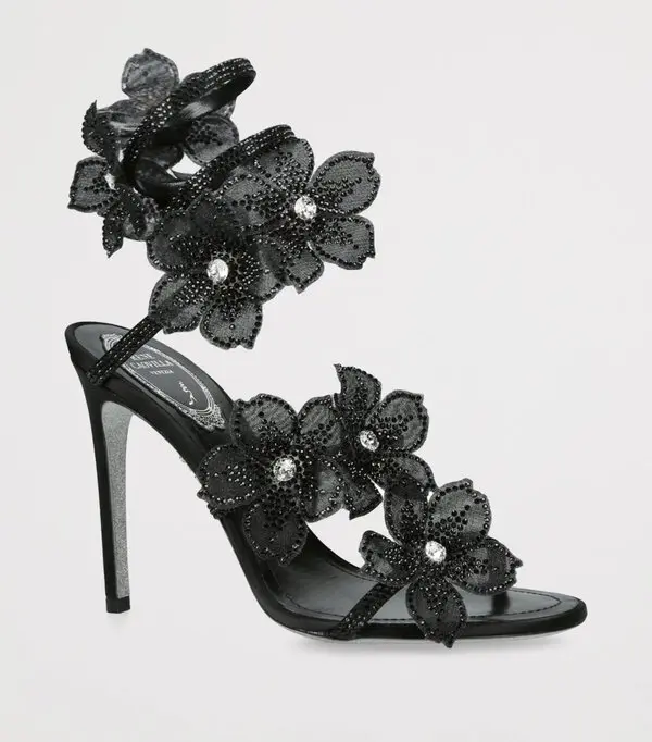 Rene Caovilla Cleo Satin Floral Sandals 105 - Black