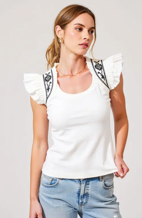 MODENAIRE Ruffled Cap-sleeve Knit Top With Embroidered Detail - White / Black