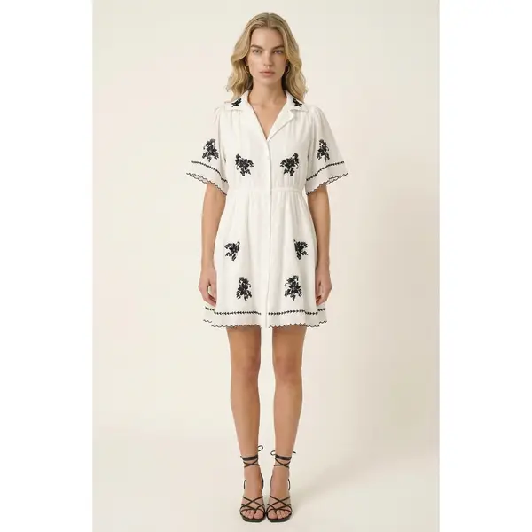 MODENAIRE Short-sleeve Embroidered Shirt Dress - White / Black