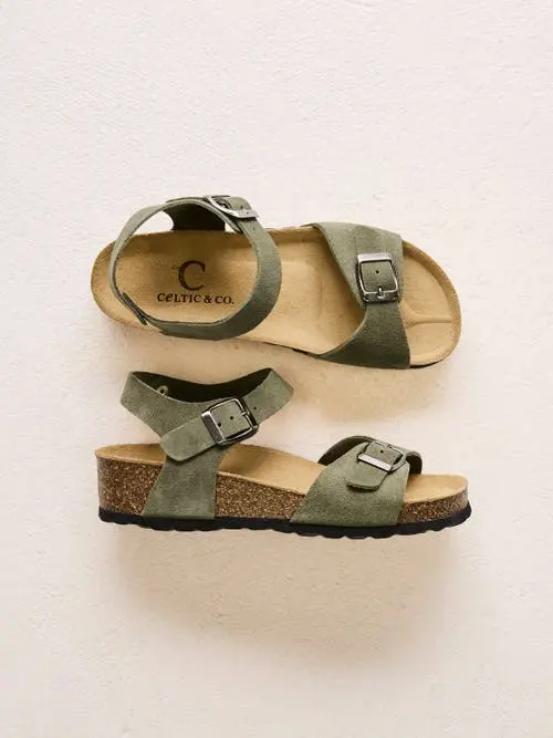 CELTIC & CO. Low Wedge Double Buckle Sandals - Olive
