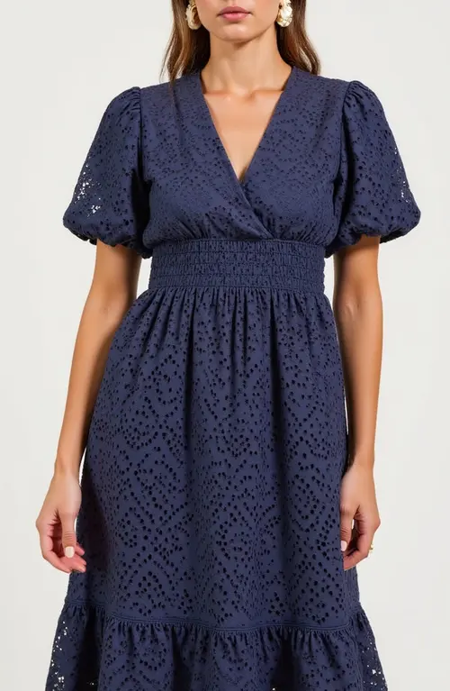 MODENAIRE Puff-sleeve Eyelet Midi Dress