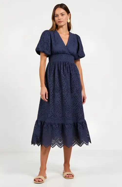 MODENAIRE Puff-sleeve Eyelet Midi Dress
