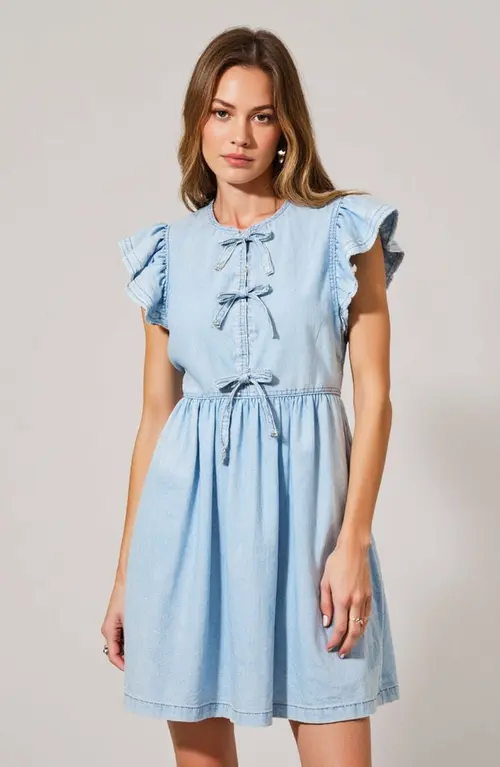 MODENAIRE Sleeveless Denim Mini Dress With Bow-tie Front