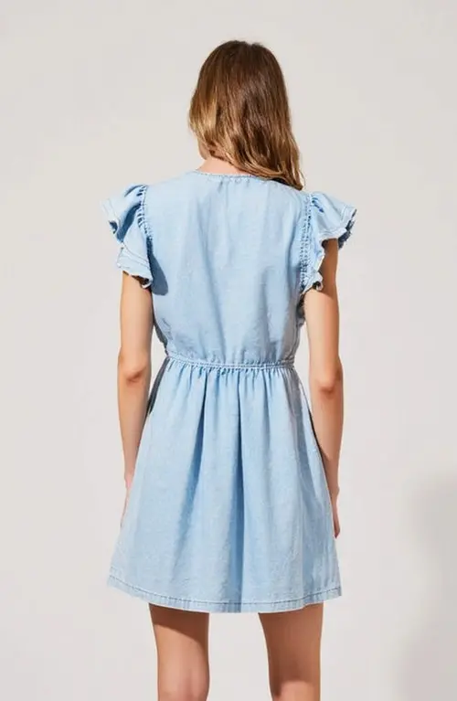 MODENAIRE Sleeveless Denim Mini Dress With Bow-tie Front