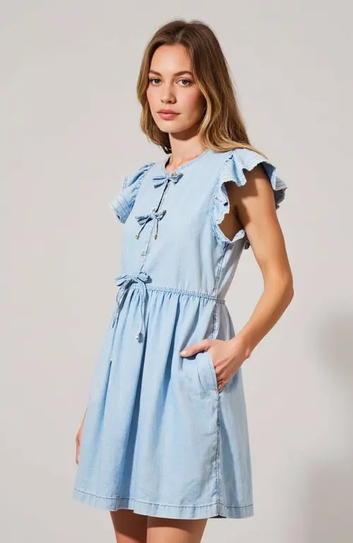 MODENAIRE Sleeveless Denim Mini Dress With Bow-tie Front